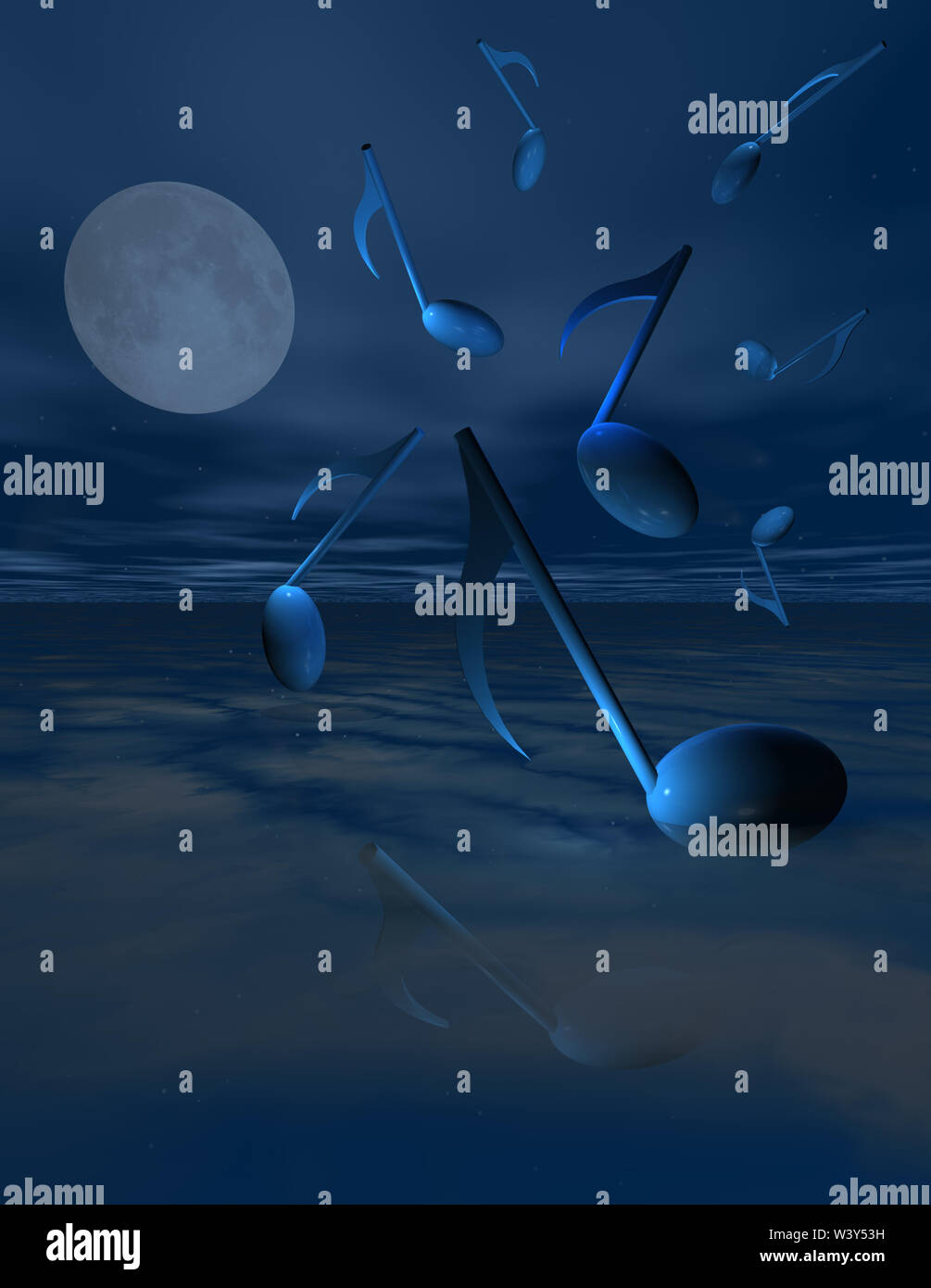Illustration of blue notes in night sky with full moon and a sea below ...