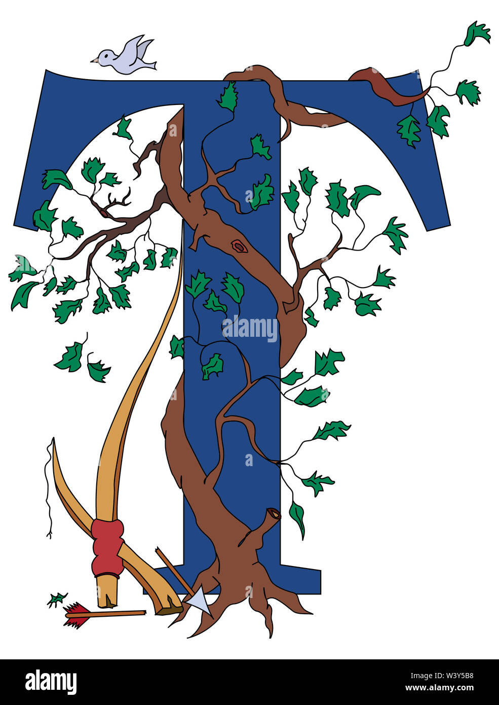 Illustration of the letter T as Drop Capital with a bow and vine ...