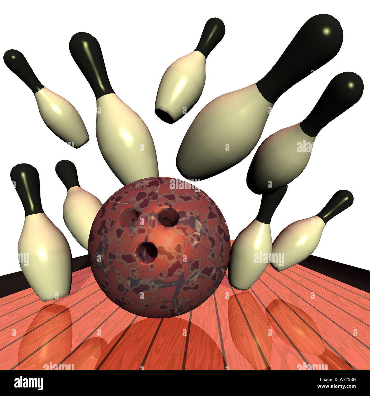 illustration of bowling ball hitting pins on a white background Stock ...