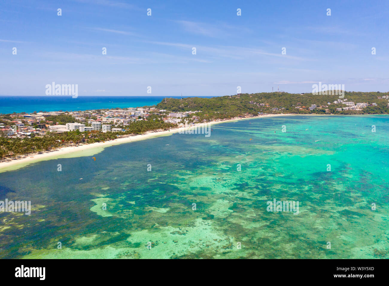 Island Boracay, Philippines, view from above. White beach with palm ...