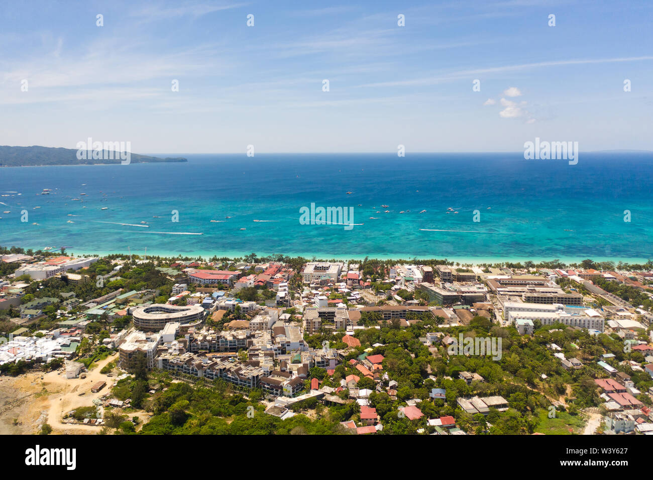 Island Boracay, Philippines, view from above. White beach with palm ...