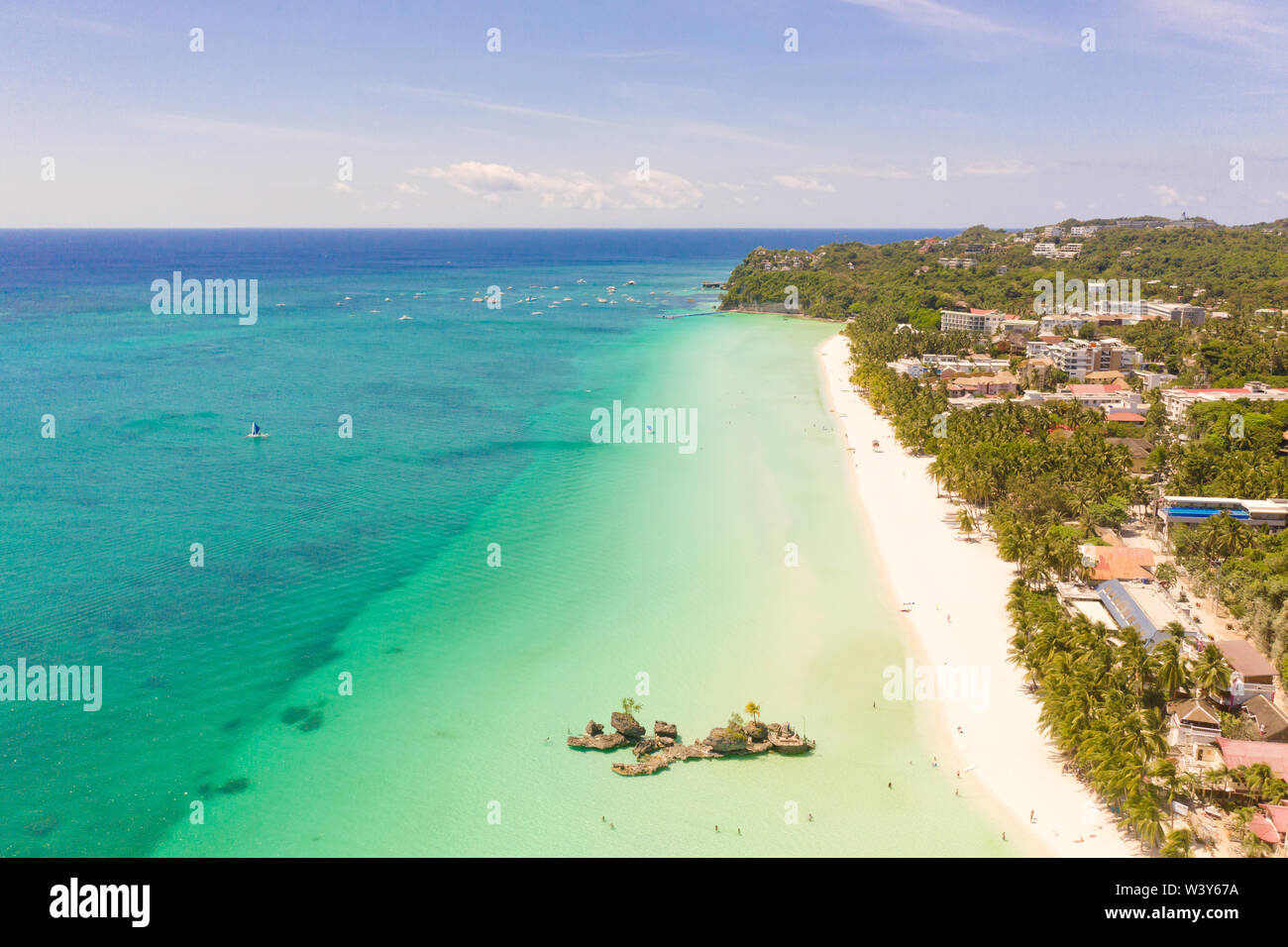 Island Boracay, Philippines, view from above. White beach with palm ...