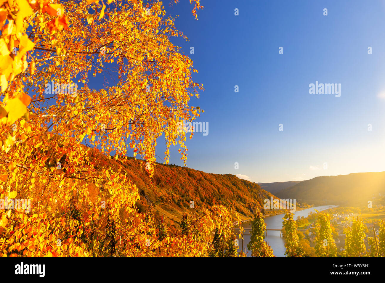 Autumn landscape of the Moselle river valley in Germany on a beautiful ...