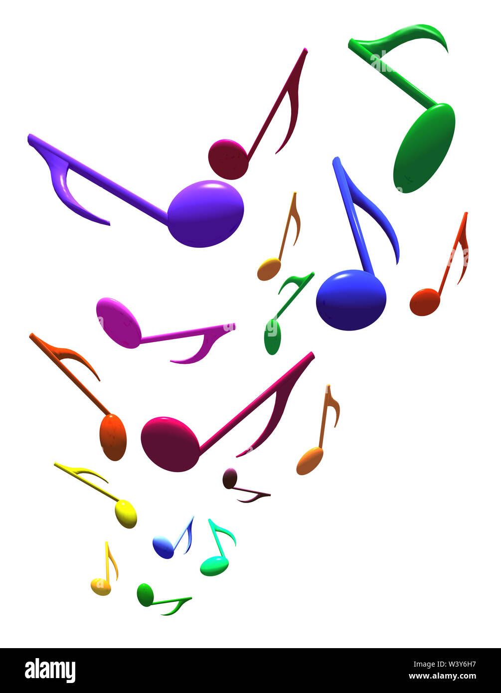 three-D illustration of colorful musical notes floating in white ...
