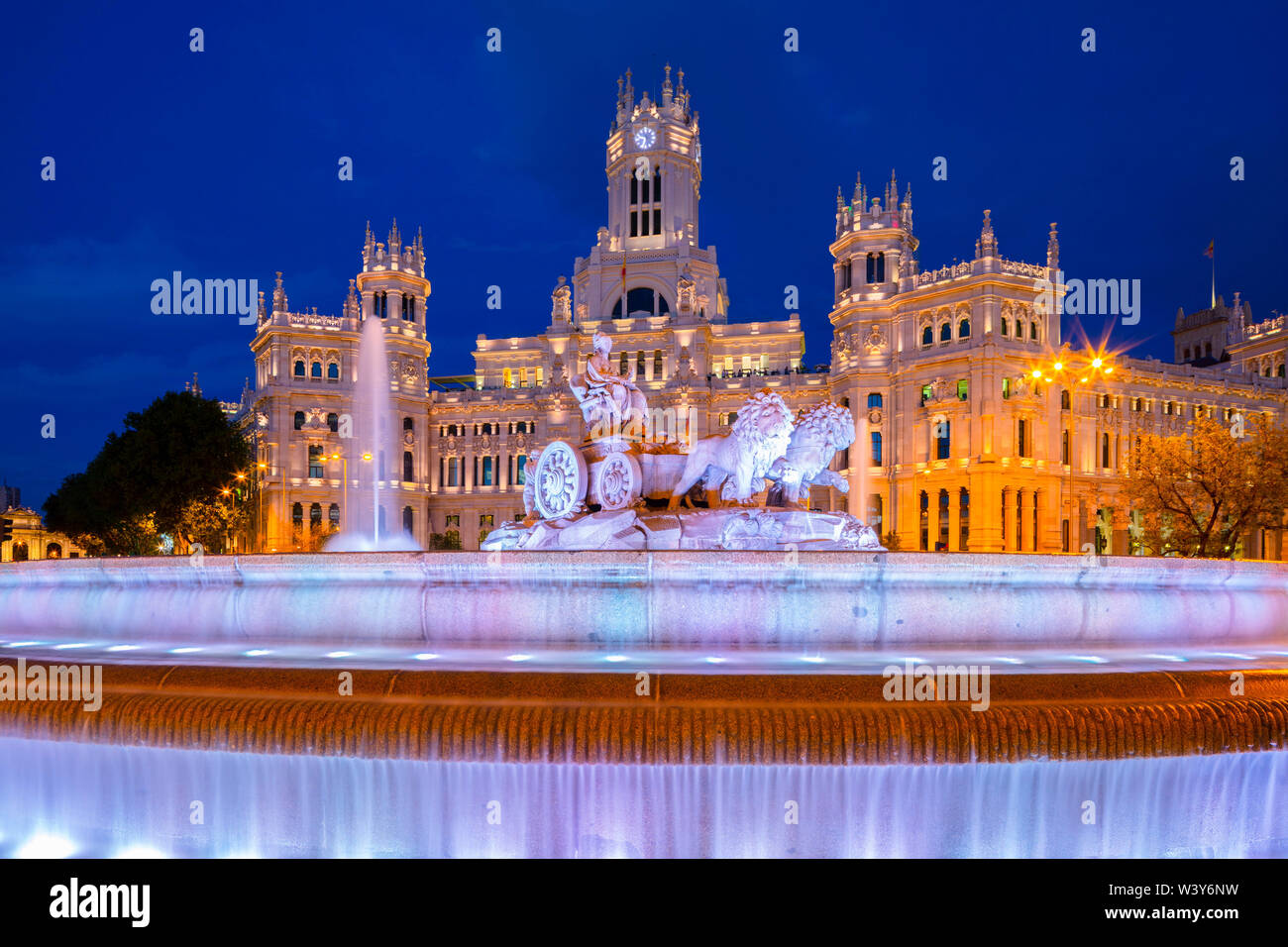 Cybele Palace and Cybele Fountain at Dusk, Madrid, Spain Stock Photo ...