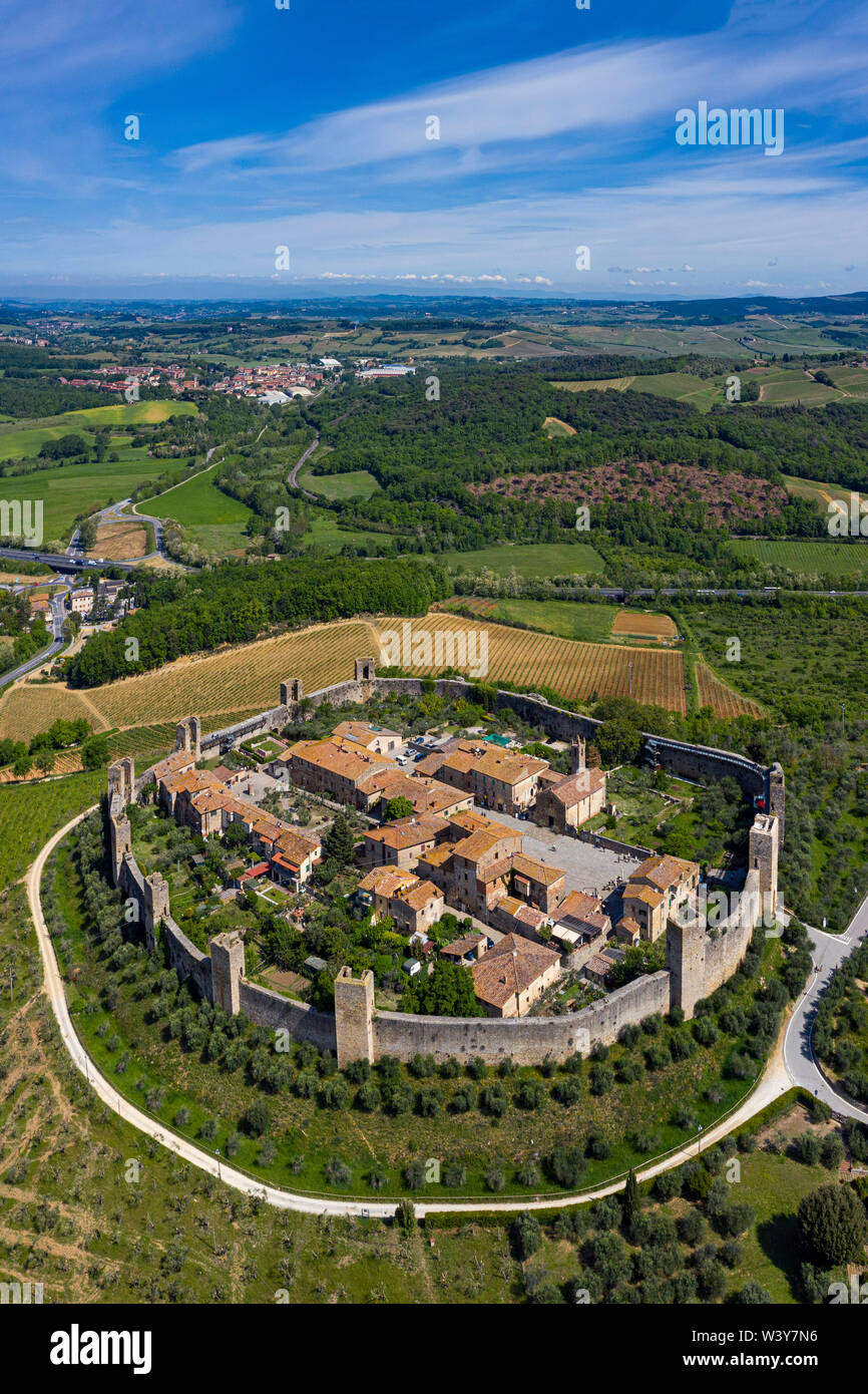 Italy, Tuscany, Val d'Elsa, Monteriggioni. Aerial view of the circular ...
