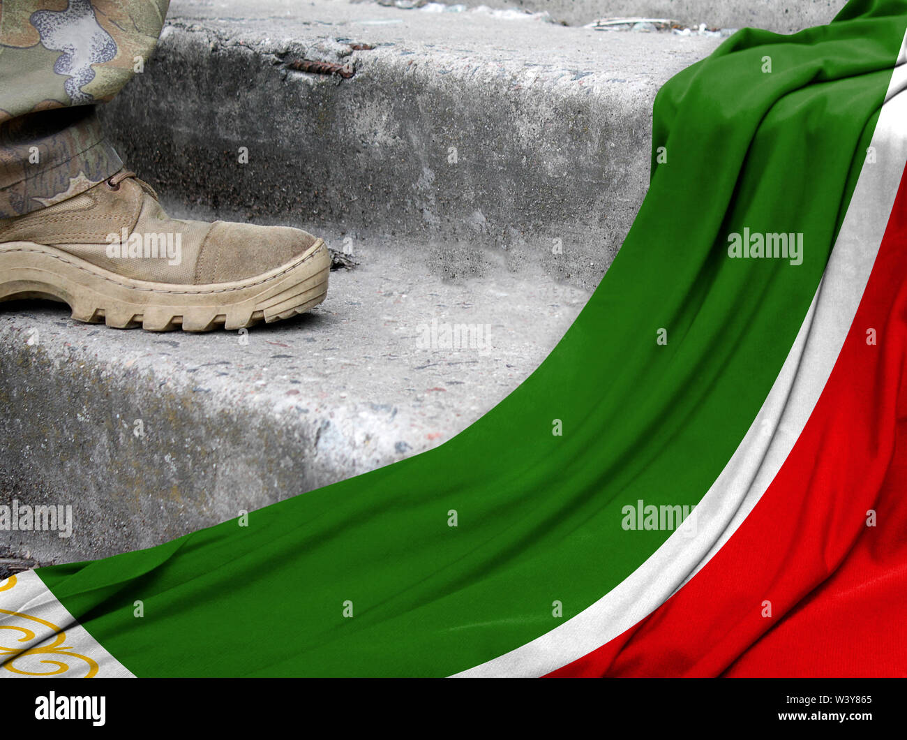 Military concept on the background of the flag of Chechen Republic ...