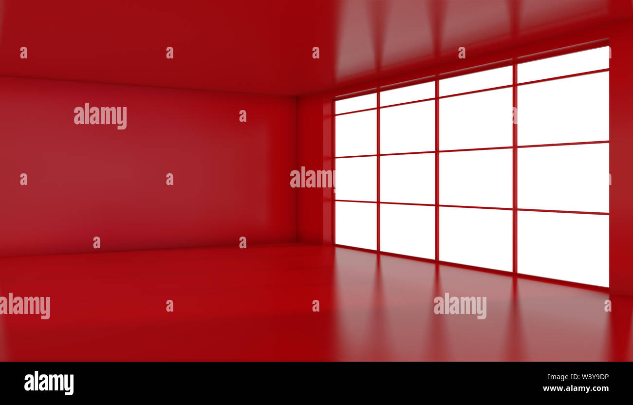 Empty red room with large stained glass windows. 3D rendering Stock ...