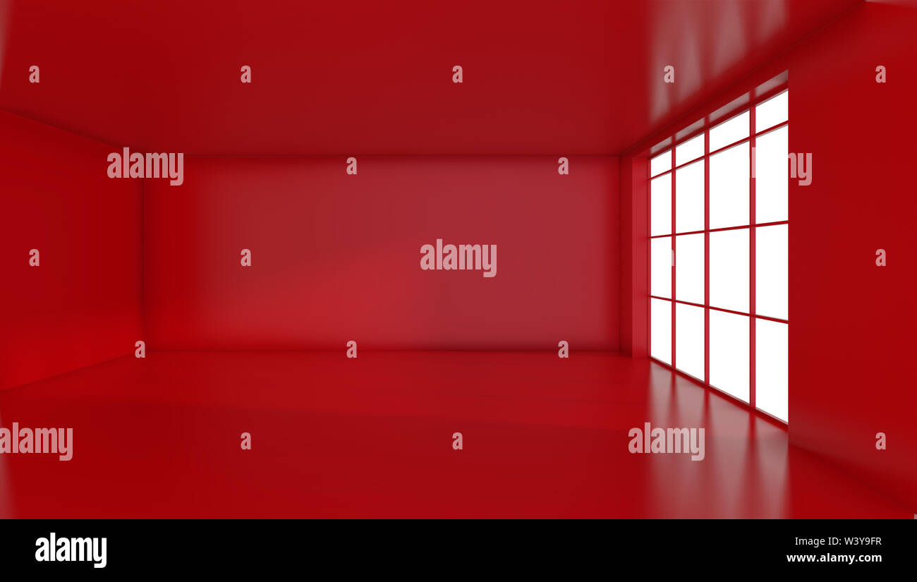 Empty red room with large stained glass windows. 3D rendering Stock ...