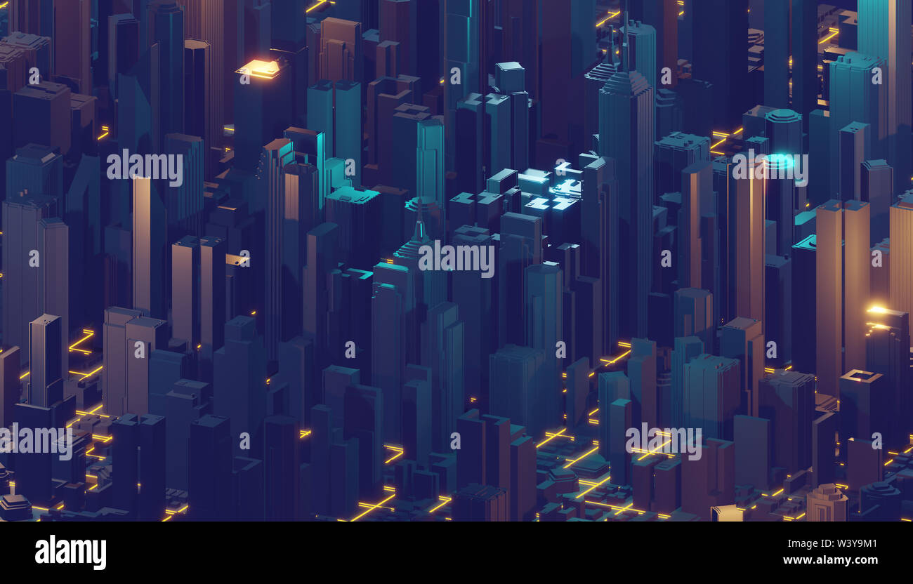 Abstract 3d city rendering with lines and digital elements. Digital ...