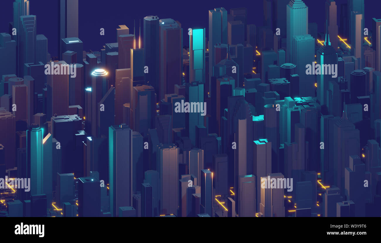 Abstract 3d city rendering with lines and digital elements. Digital ...