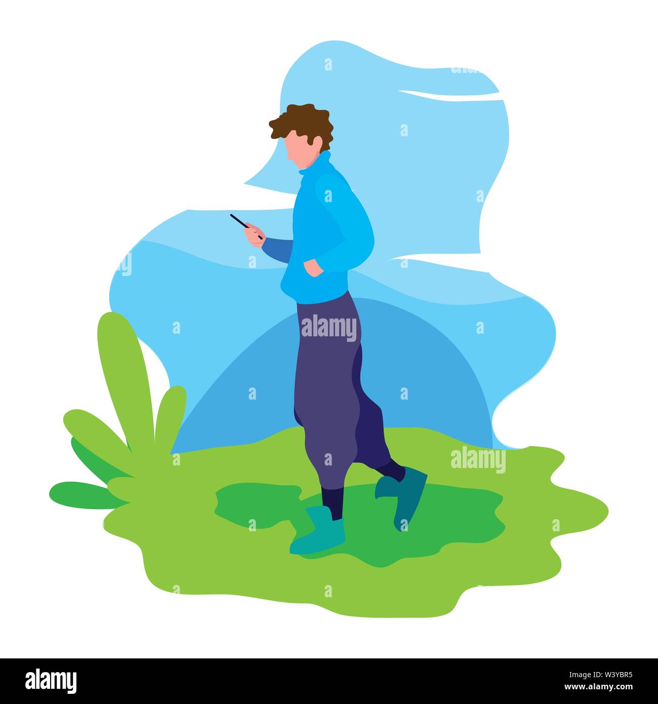 man using smartphone in the landscape vector illustration Stock Vector ...