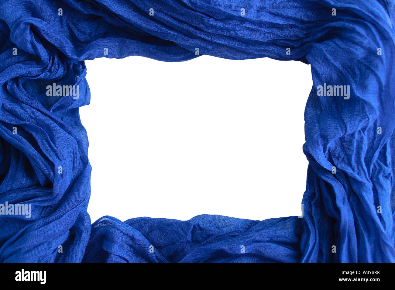 Rectangular blank for background. Blue fabric. Crumpled cotton. Close ...