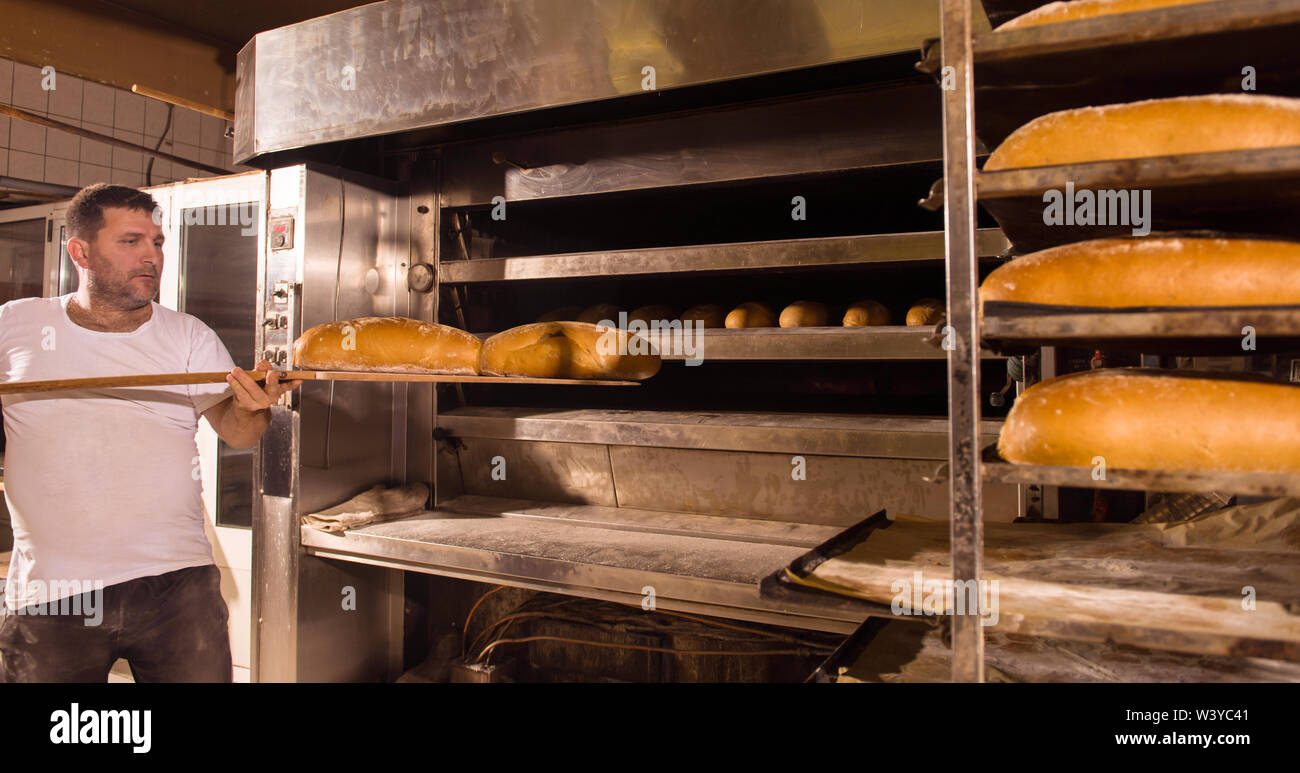 bakery worker taking out freshly baked breads with shovel from the ...