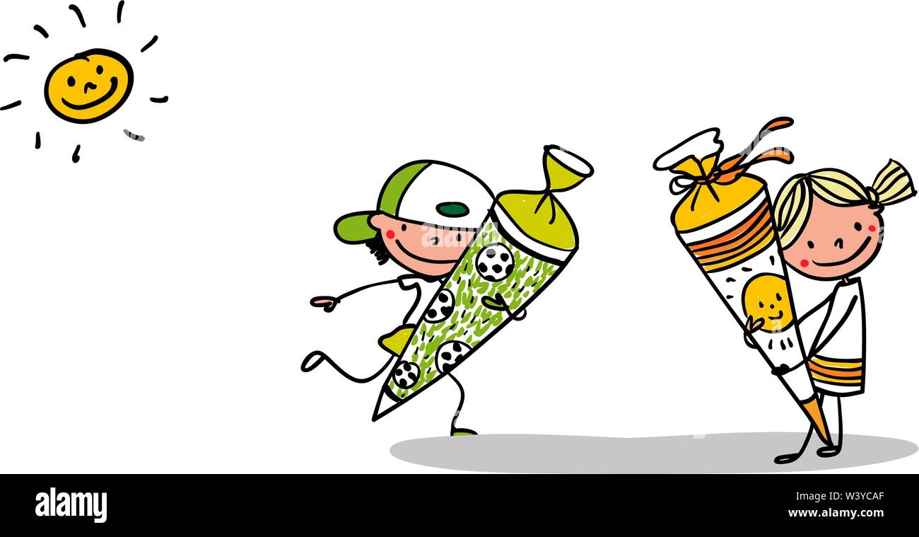 First Day of school - Happy first graders boy and girl with candy cones ...