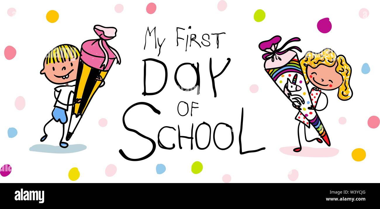 First Day of school - Happy first graders boy and girl with candy cones ...