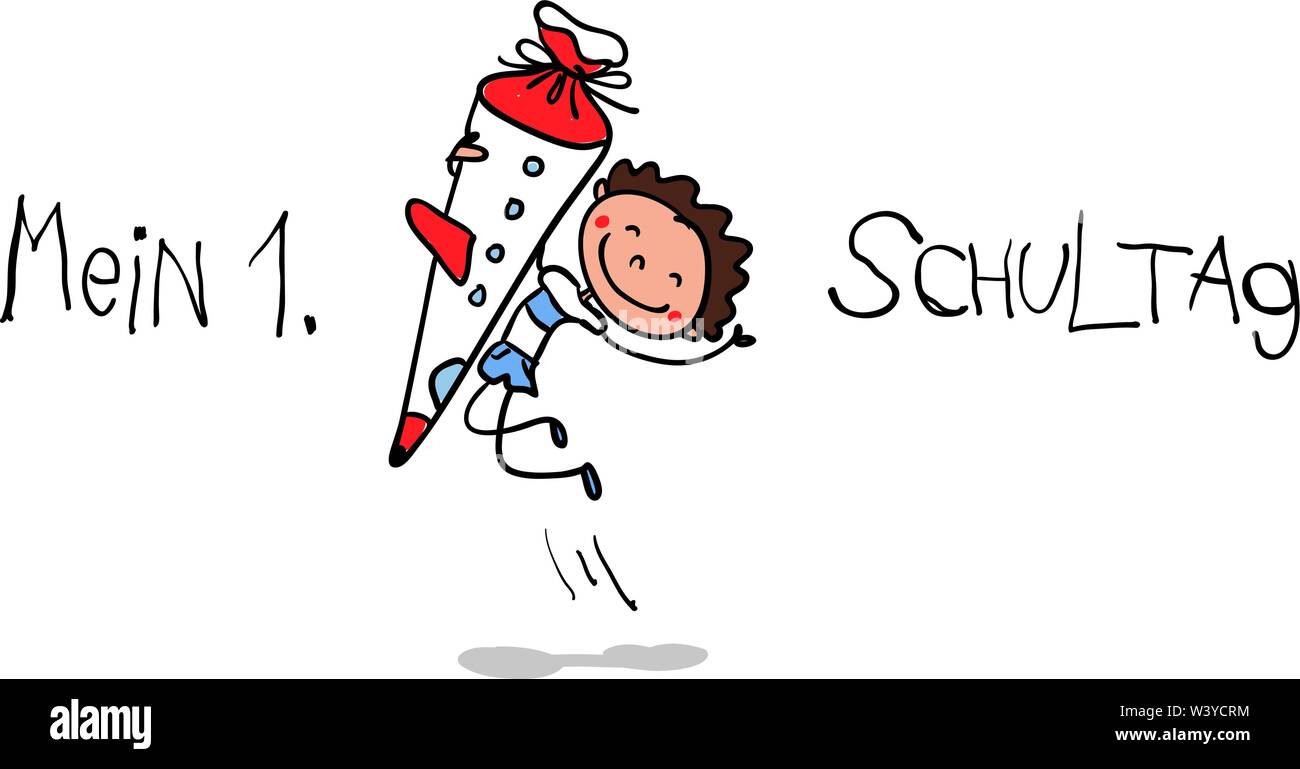 First Day of school - Happy first grader with school cone jumping for ...