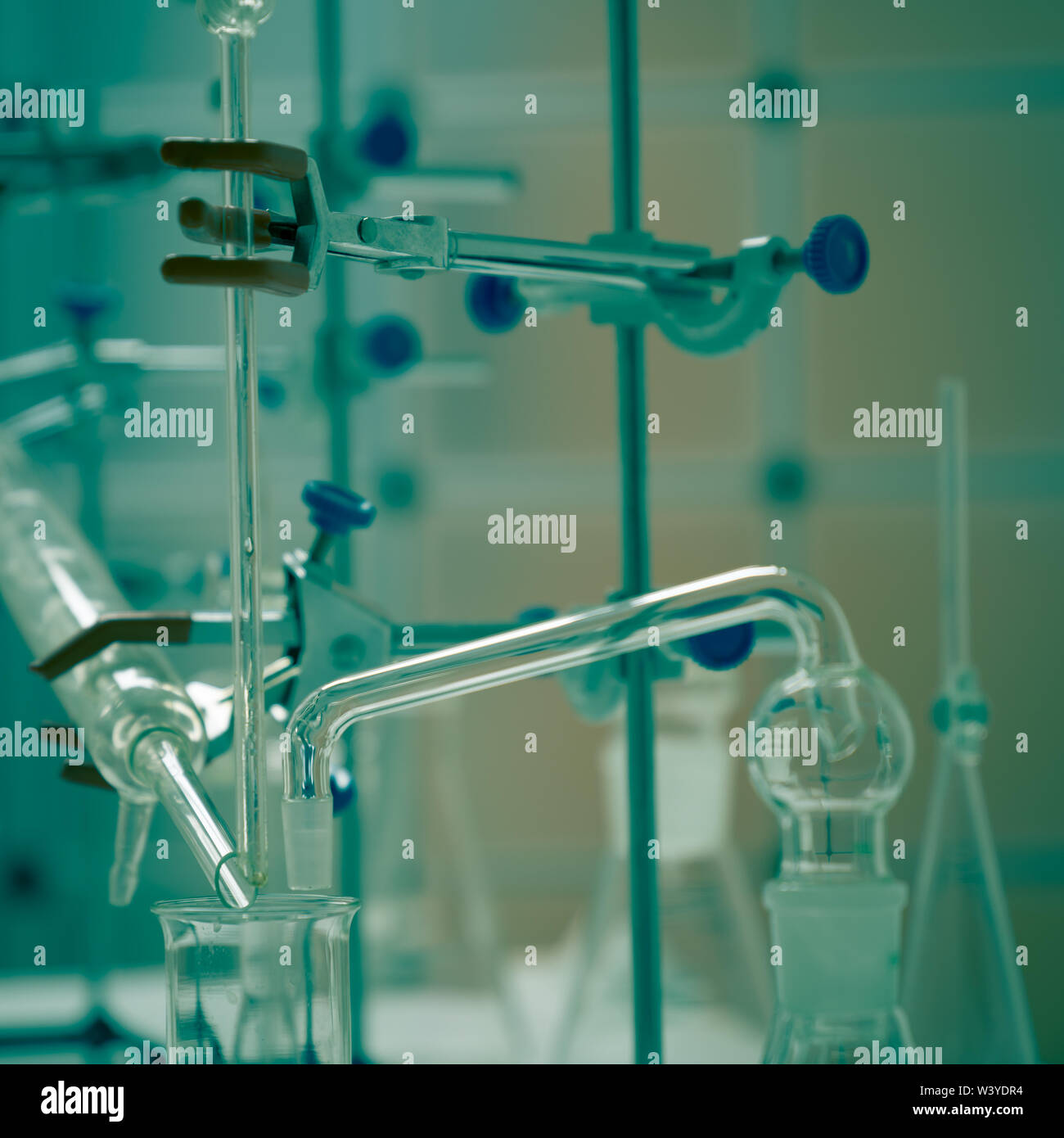 Glass instruments in the laboratory of chemical synthesis Stock Photo ...