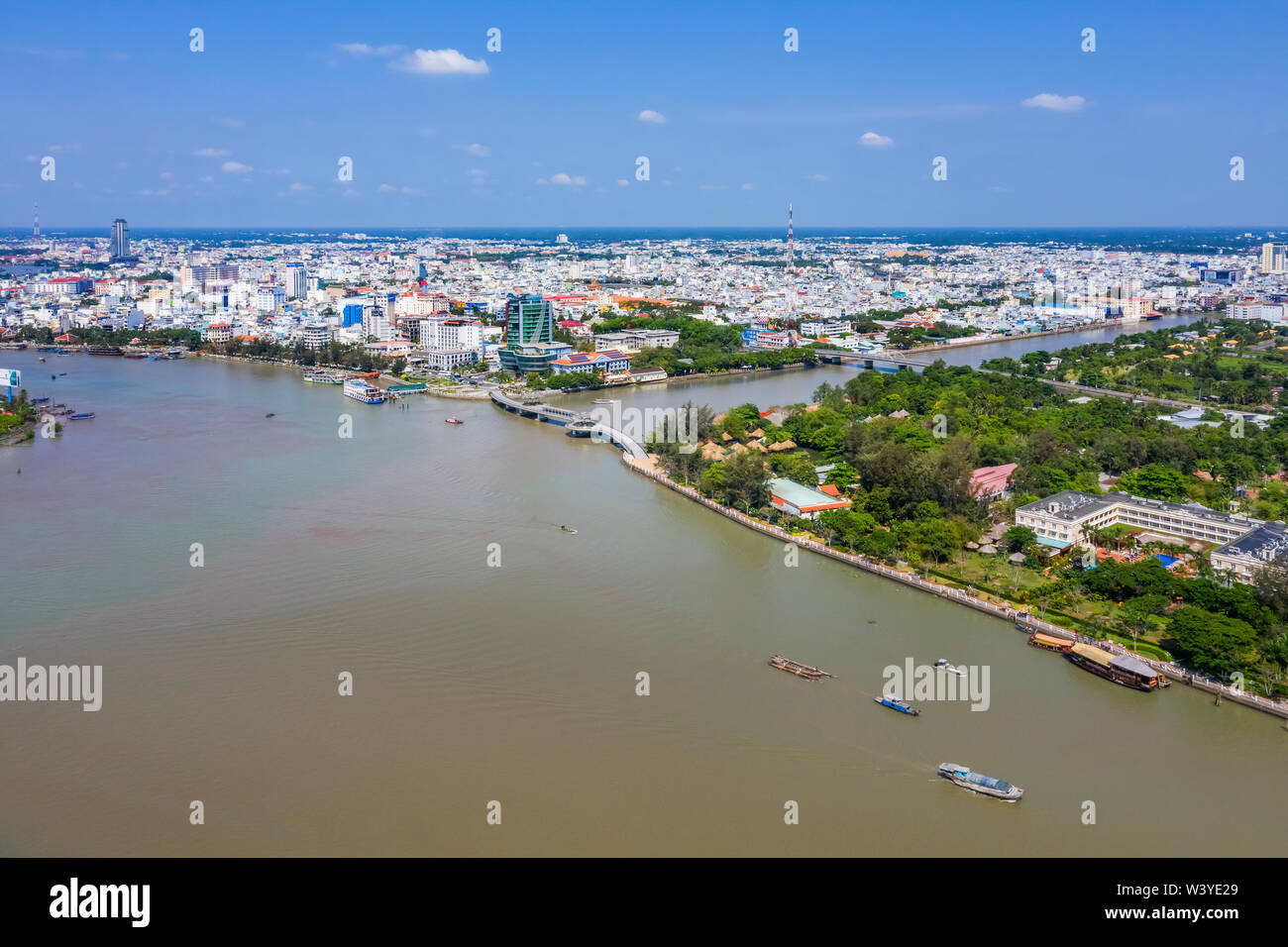 Top aerial view Love bridge or Ninh Kieu wark bridge Can Tho City ...