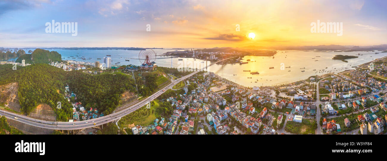 Panorama of Ha Long City, Vietnam, with Bai Chay bridge. Near Halong ...