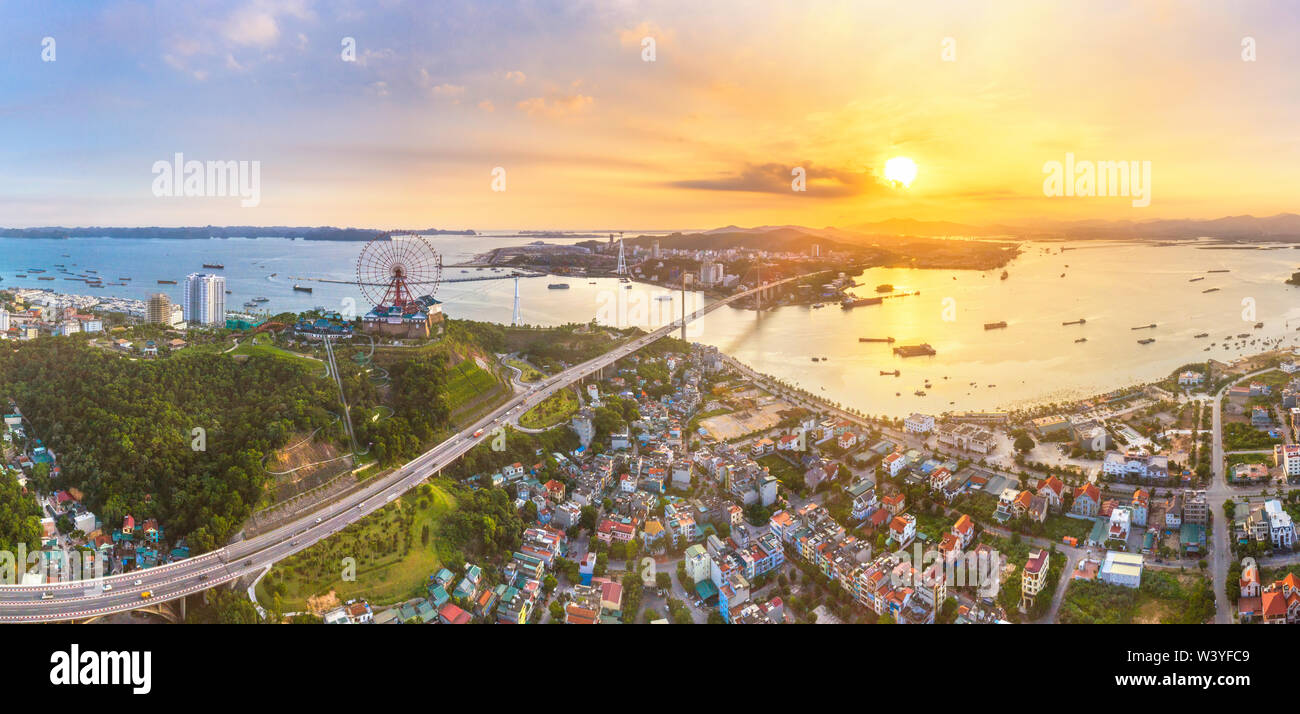 Panorama of Ha Long City, Vietnam, with Bai Chay bridge. Near Halong ...