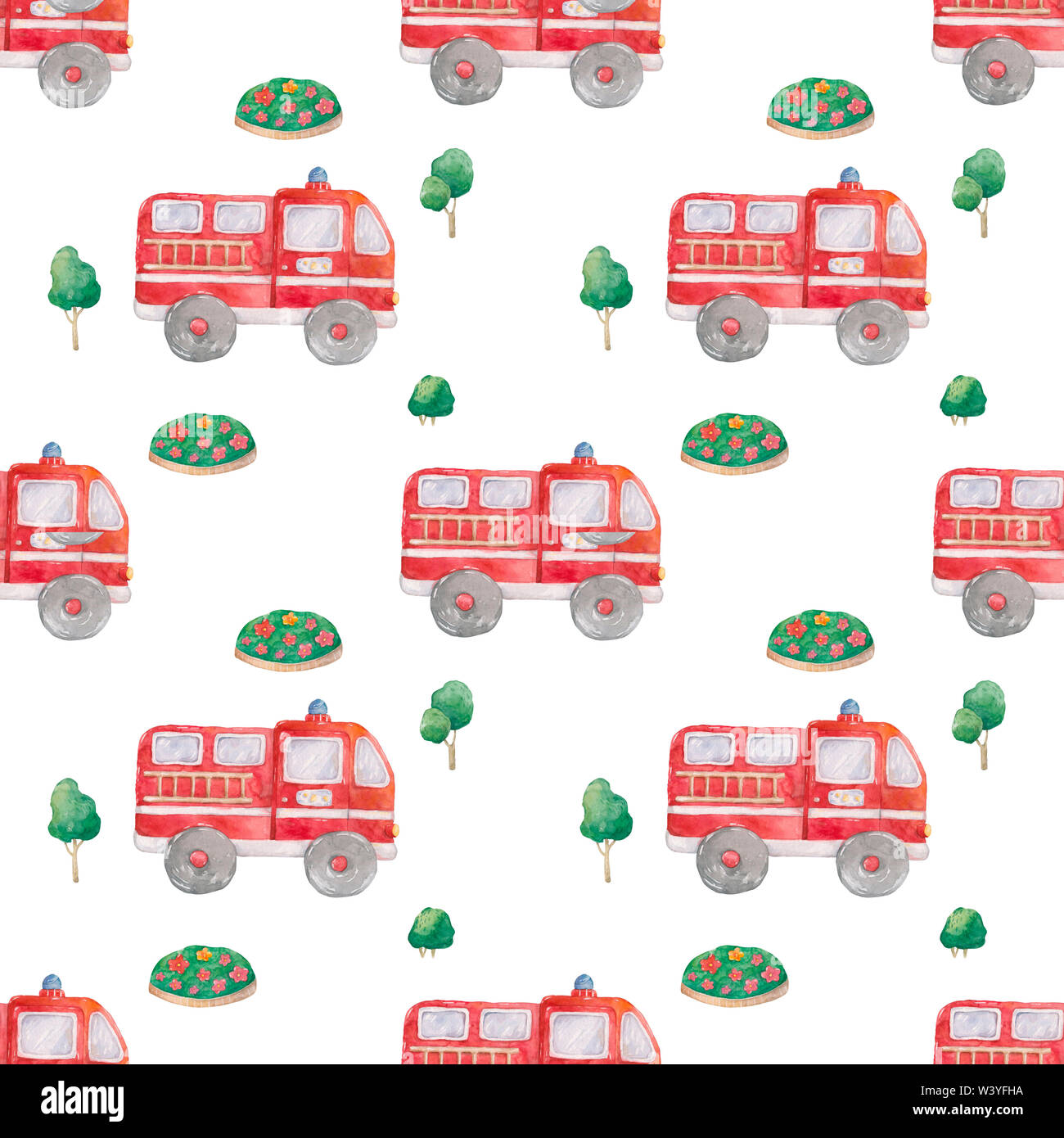 Watercolor Hand drawn fire trucks and green tree seamless pattern on ...