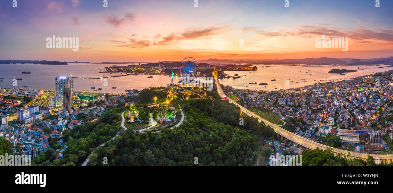 Panorama of Ha Long City, Vietnam, with Bai Chay bridge. Near Halong ...
