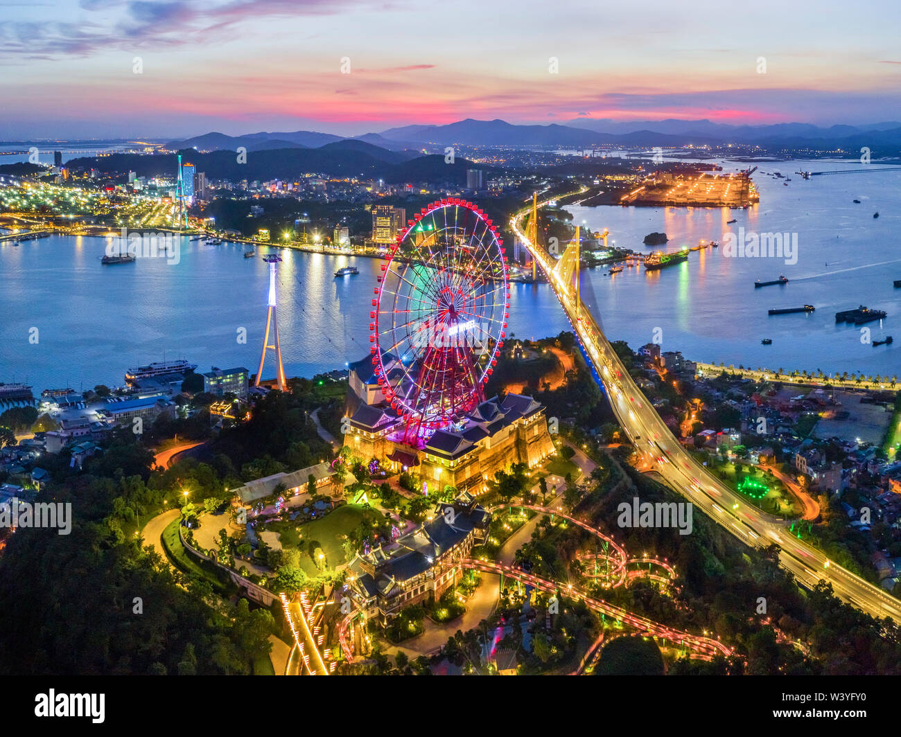 Aerial view of Sun World Halong park, with Sun Wheels and underwater ...