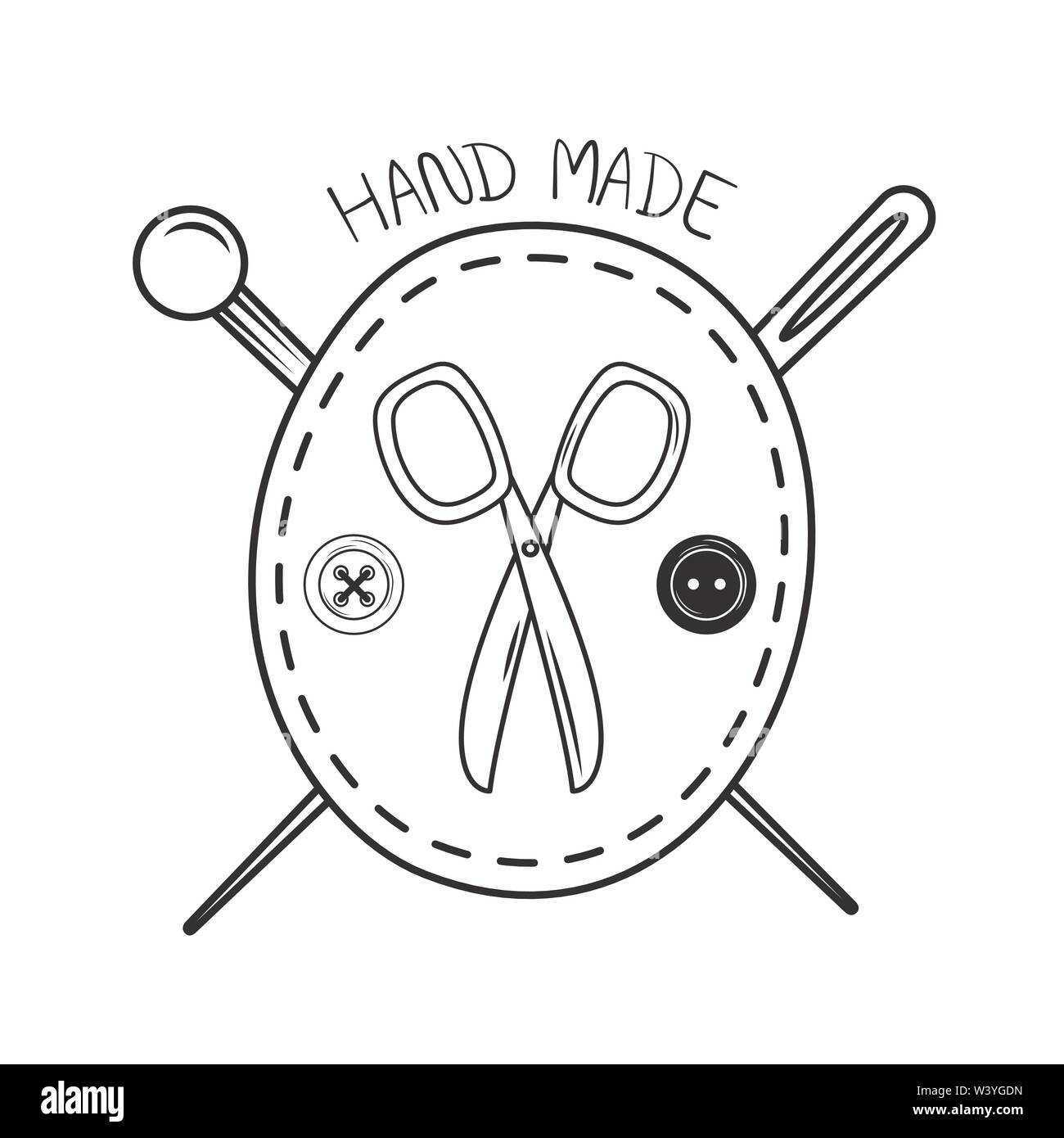 hand made sewing frame with scissors and needles vector illustration ...
