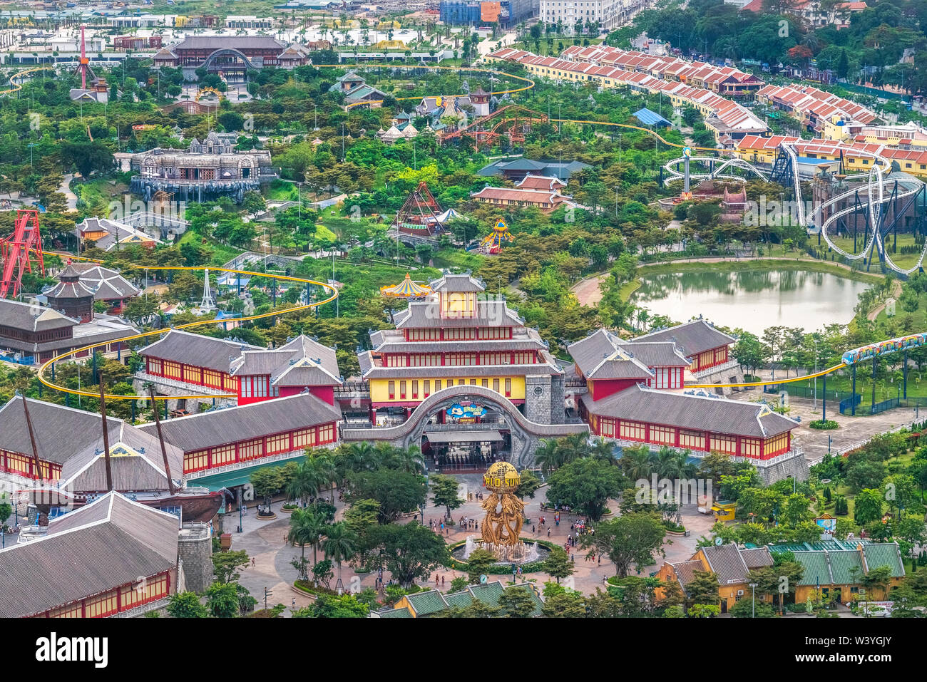 Aerial view of Sun World Halong park, with Sun Wheels and underwater ...