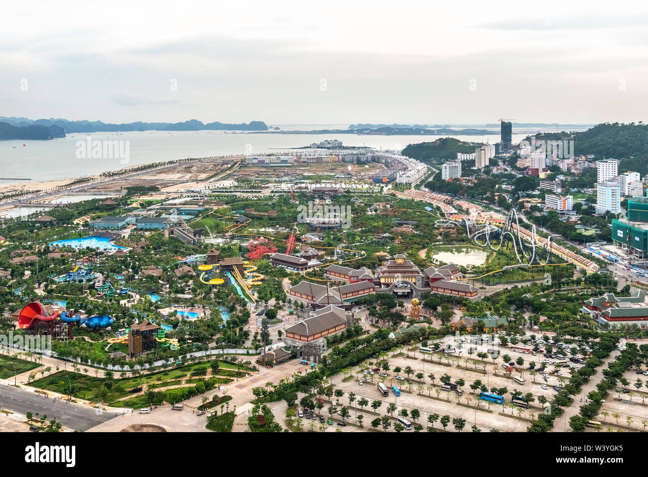 Aerial view of Sun World Halong park, with Sun Wheels and underwater ...
