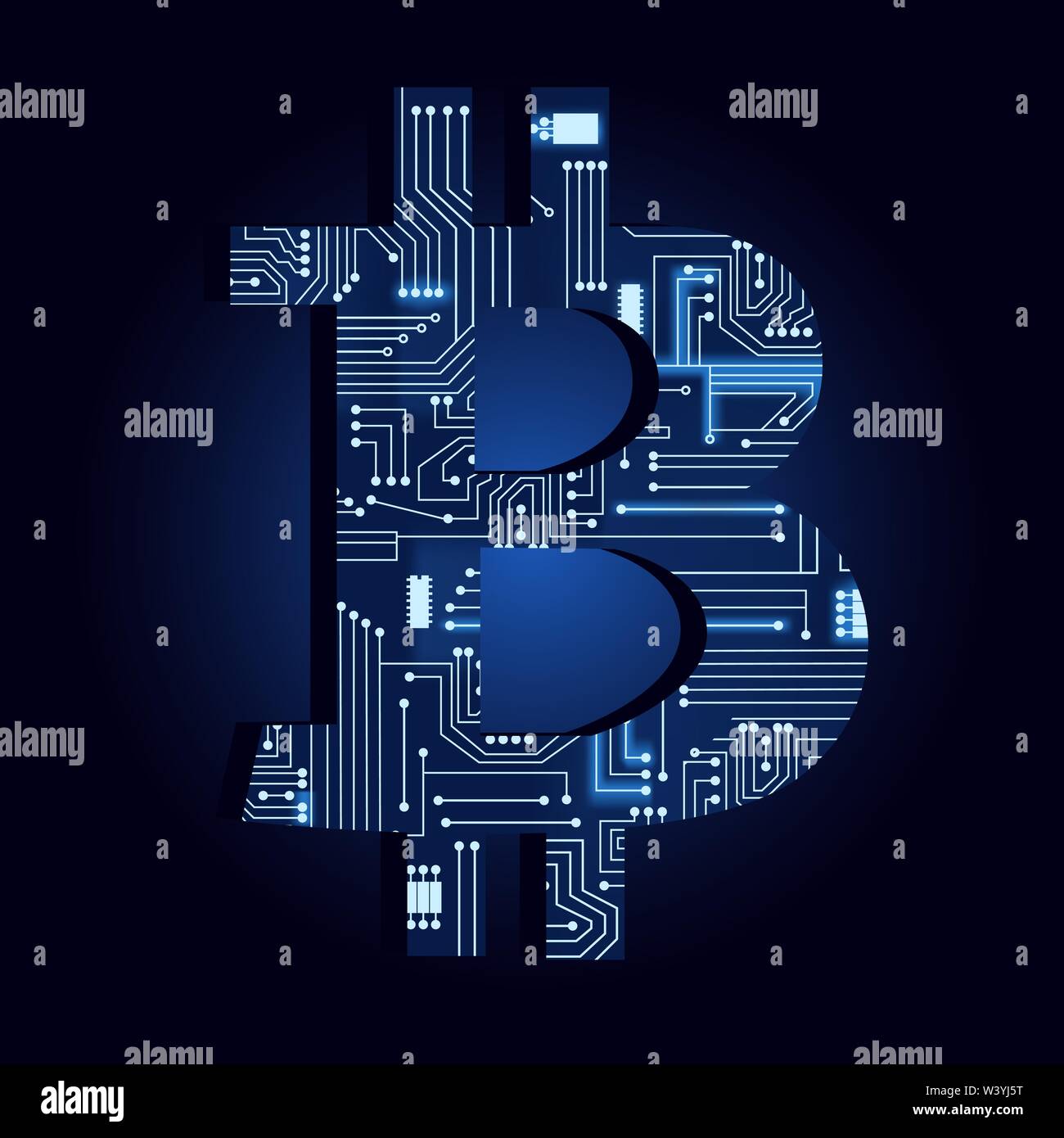 Bitcoin symbol filled with electronic circuits. Blue Background Stock ...