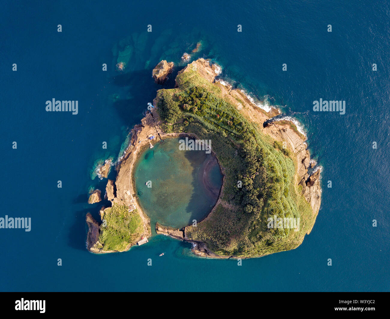 Azores aerial panoramic view. Top view of Islet of Vila Franca do Campo ...