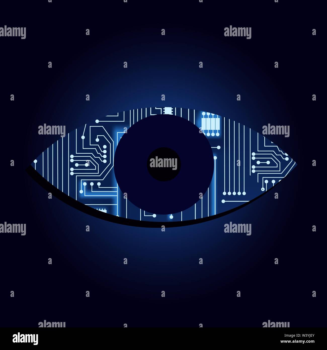 Eye shape filled electronic circuit. Blue and lighting background Stock ...