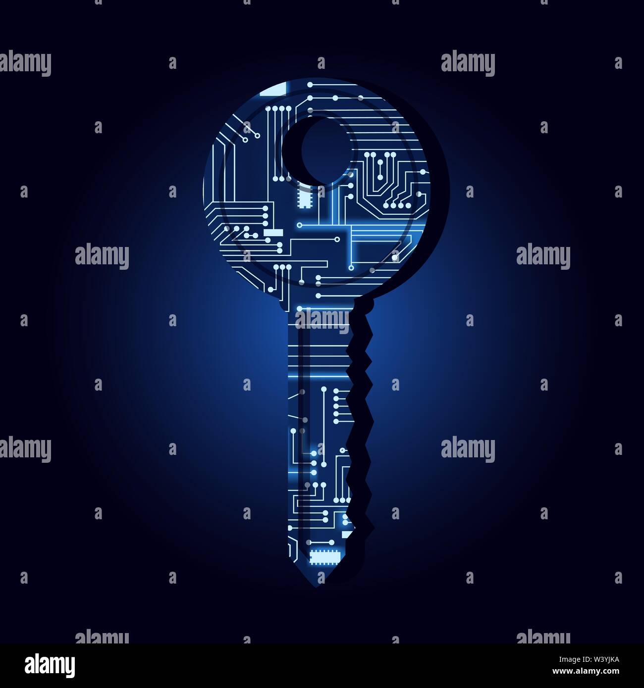 Key shape filled with electronic circuit. Blue and lighting background ...