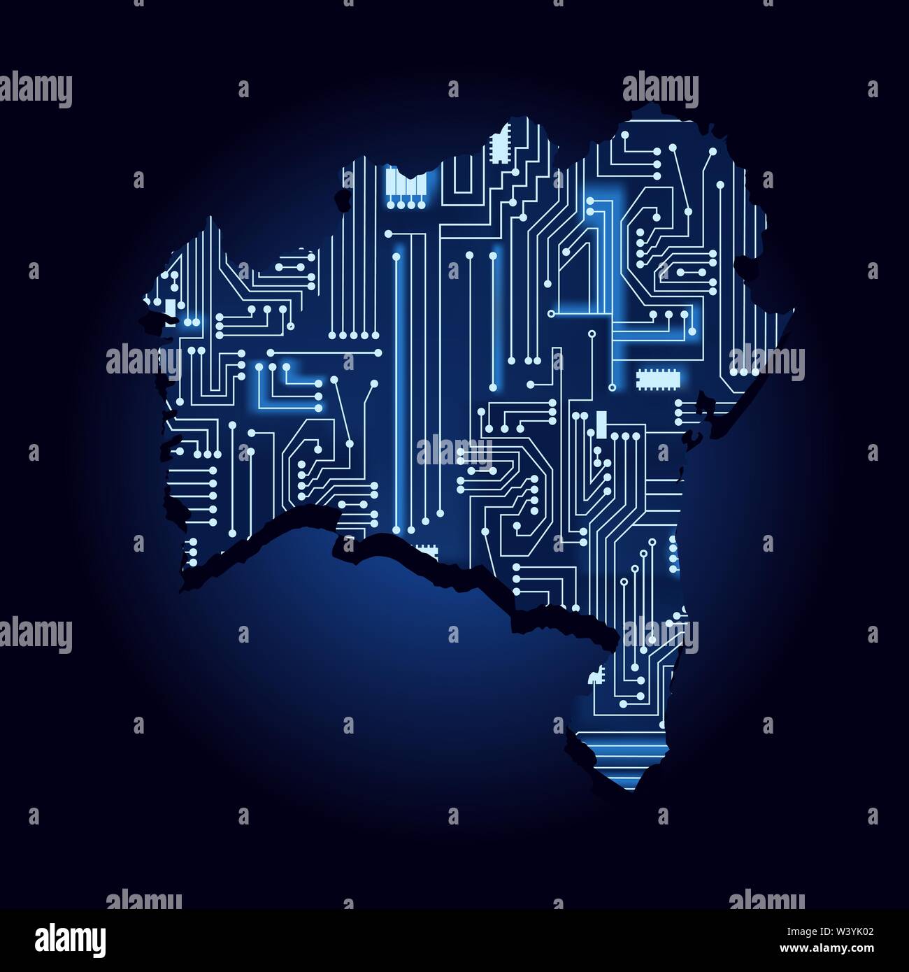 Contour map of Bahia with a technological electronics circuit ...