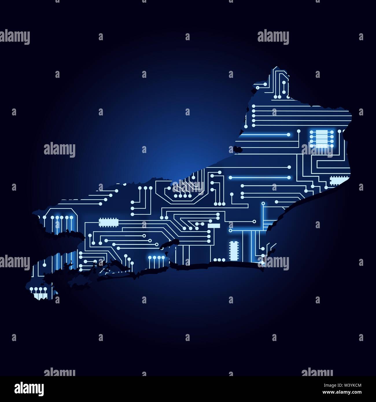 Contour map of Rio de Janeiro with a technological electronics circuit ...