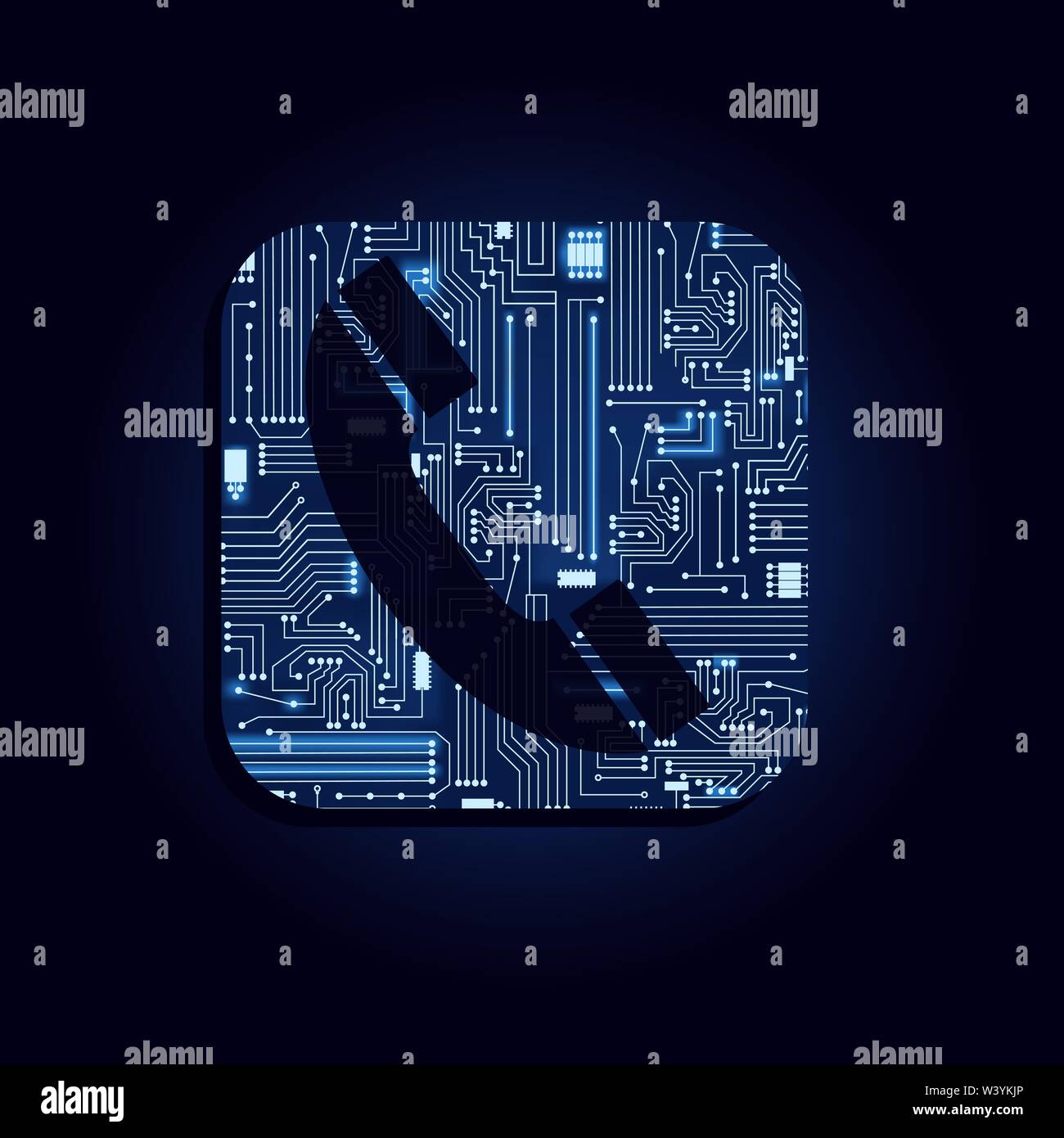 Button filled with lighting electronic circuit. Button with phone ...