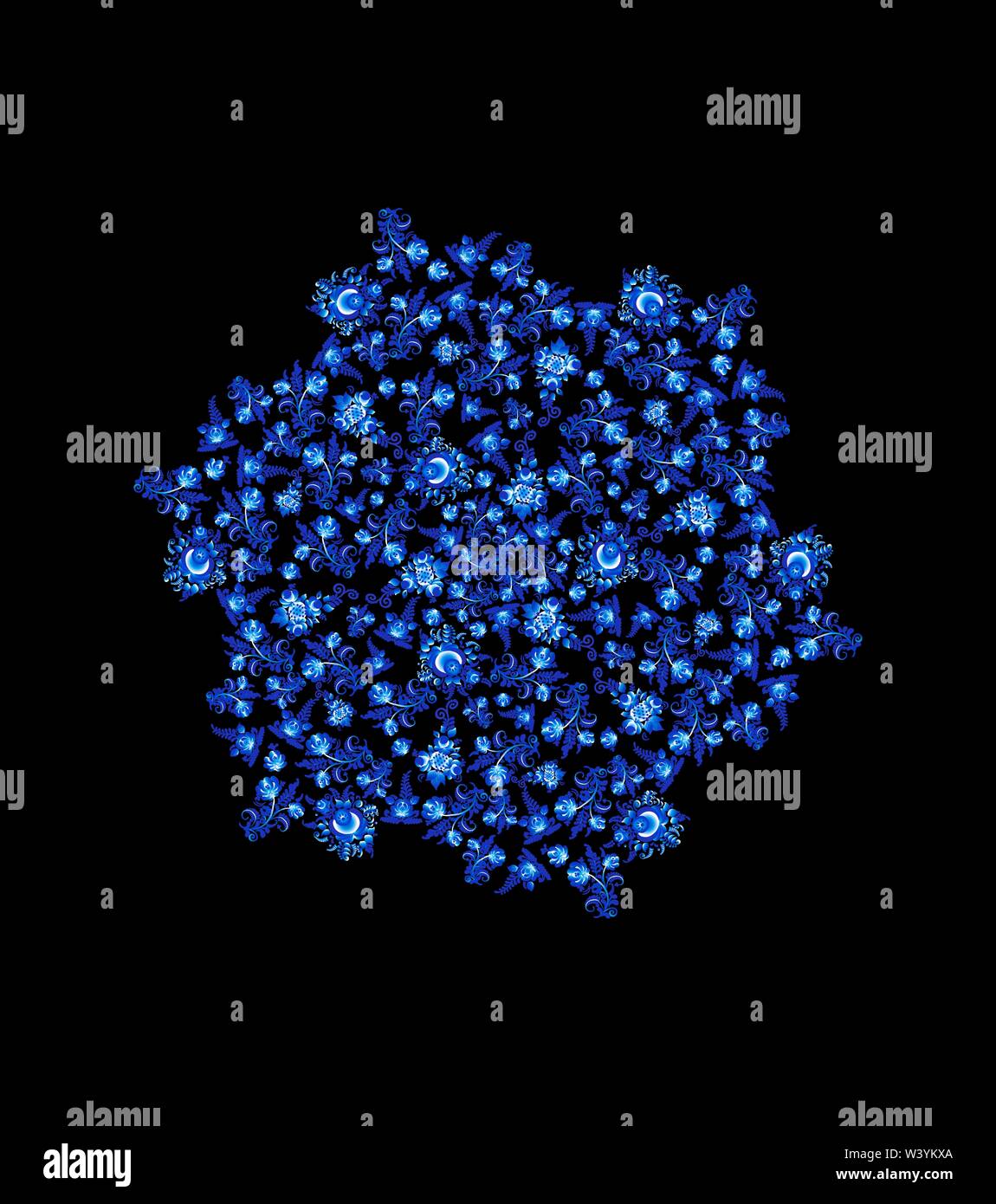 Beautiful circle of blue flowers and petals on white background, gzhel ...