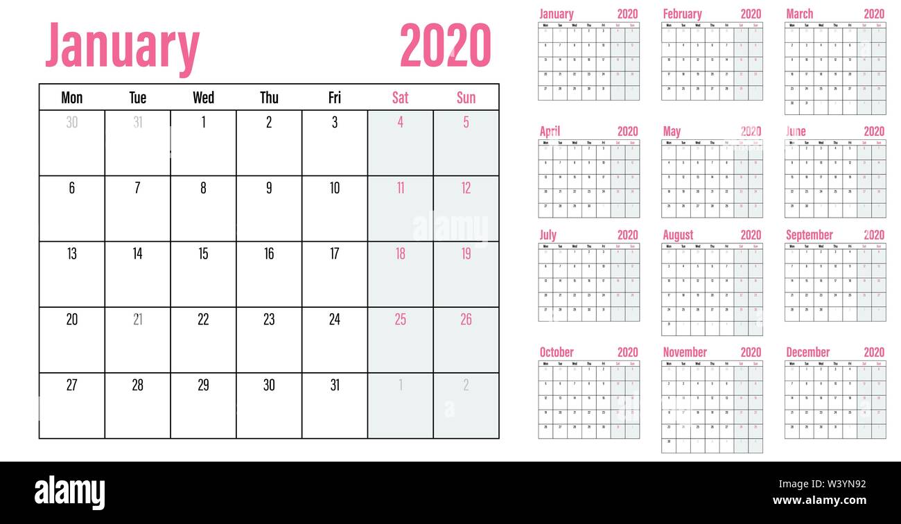 Calendar planner 2020 template vector illustration all 12 months week ...