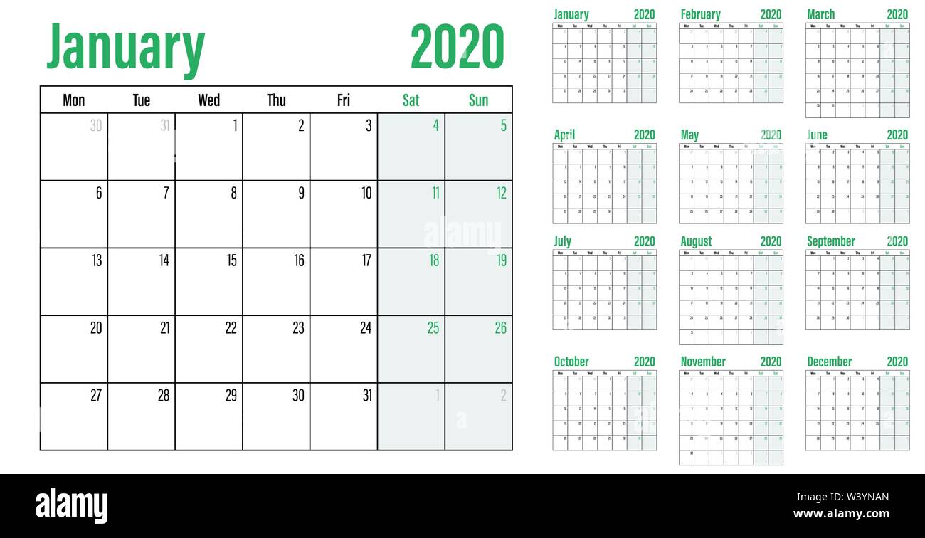 Calendar planner 2020 template vector illustration all 12 months week ...