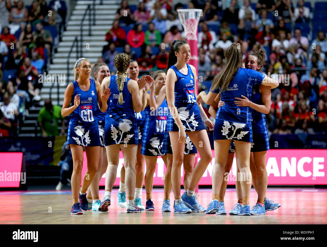 Scotland players celebrate at the end of the Netball World Cup match at ...
