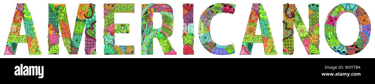 Hand-painted art design. Hand drawn illustration word AMERICANO for t ...