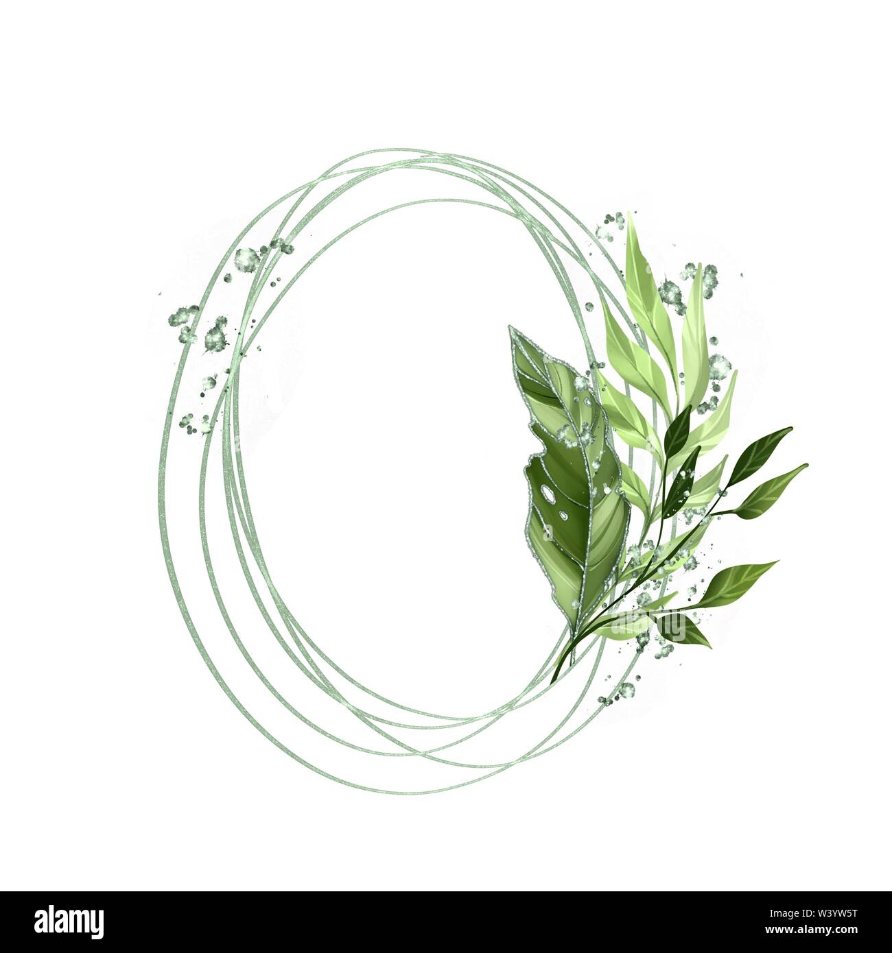 Wreath with green leaves and branches. Oval frame Stock Photo - Alamy