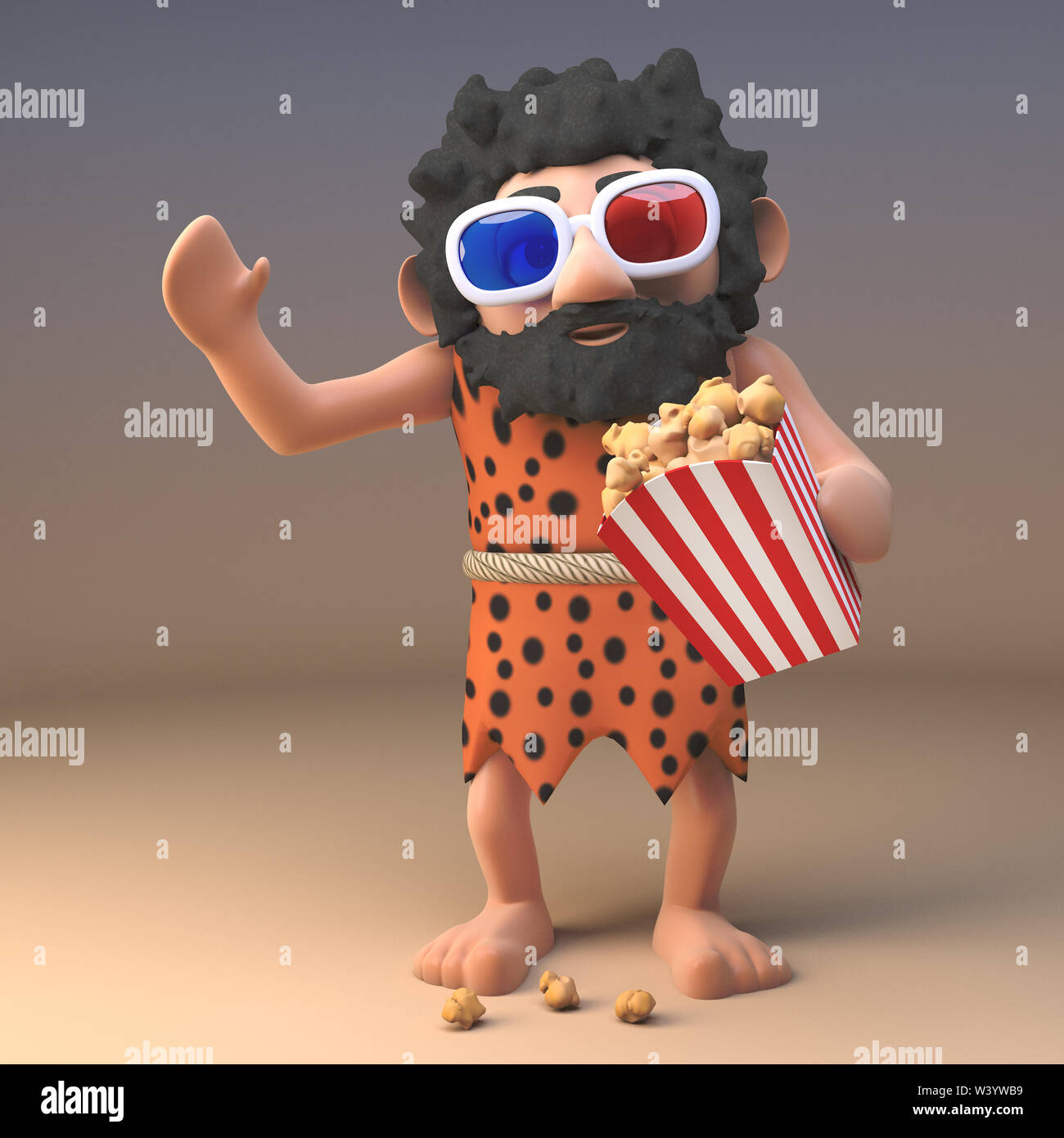 Caveman in animal pelt and long beard eating popcorn while watching a ...