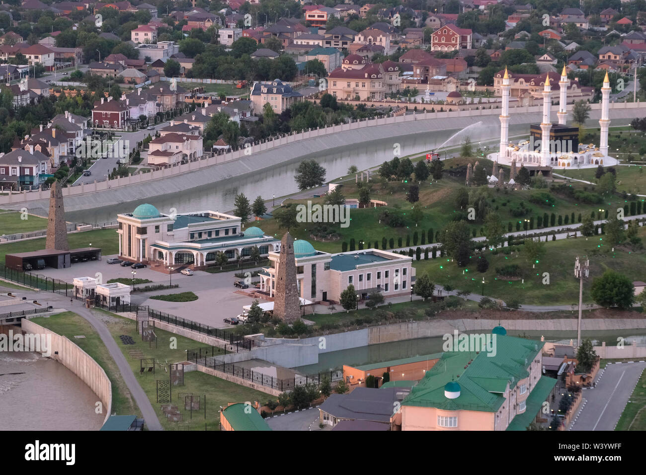 Aerial view of a mosque and the new presidential palace complex in the ...