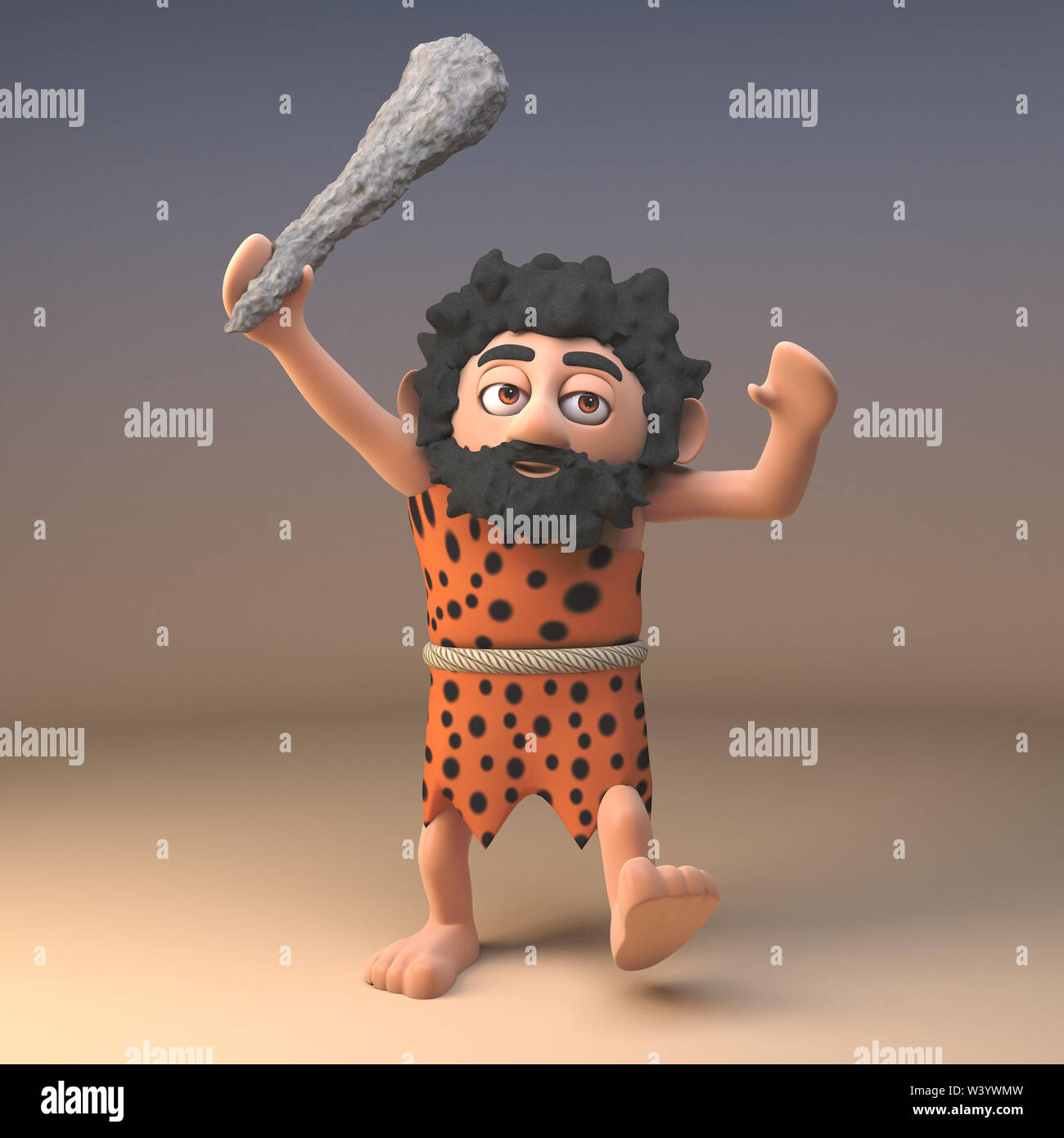 Angry stone age caveman in animal pelt with long beard waves his ...
