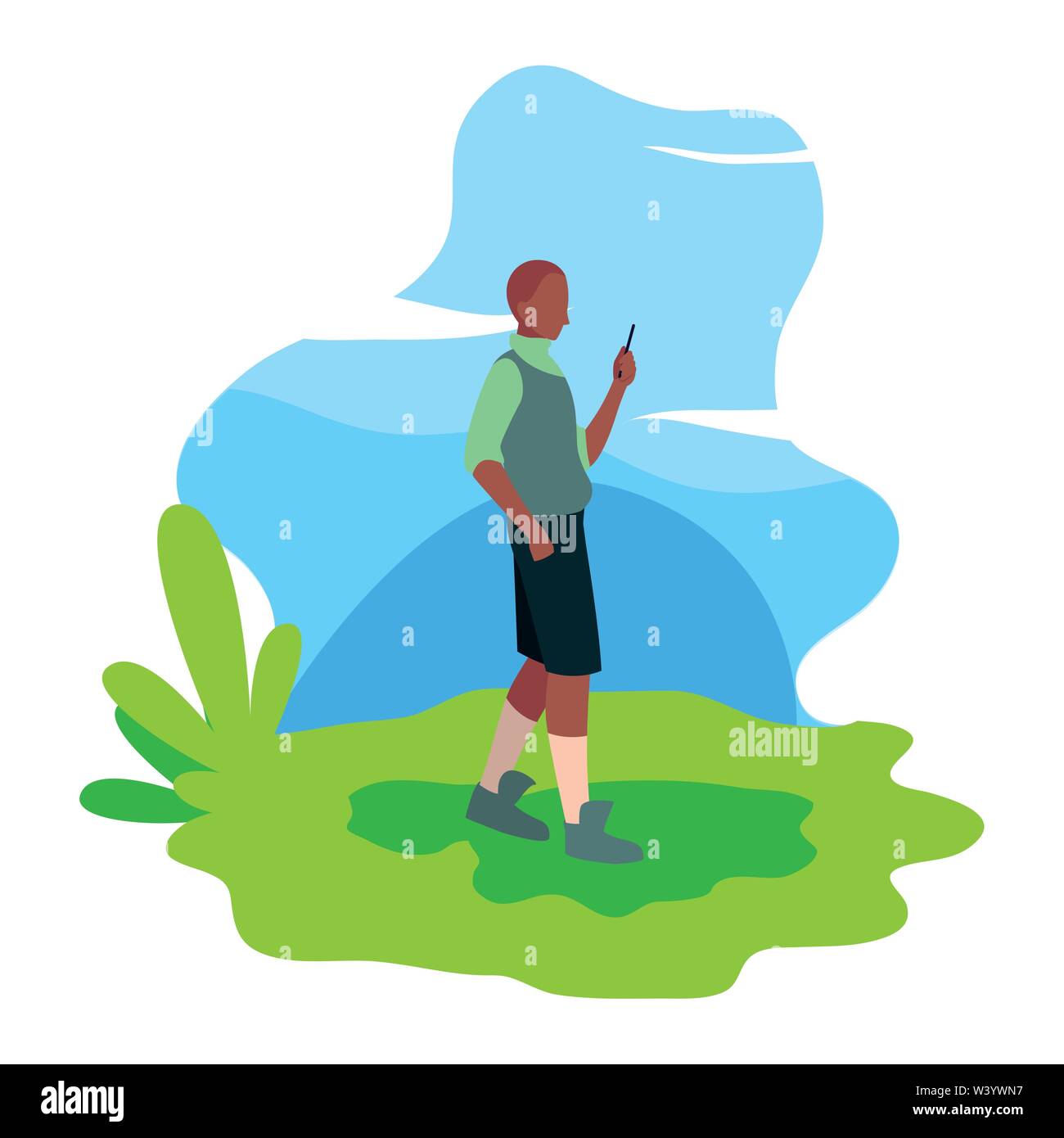 man using smartphone in the landscape vector illustration Stock Vector ...