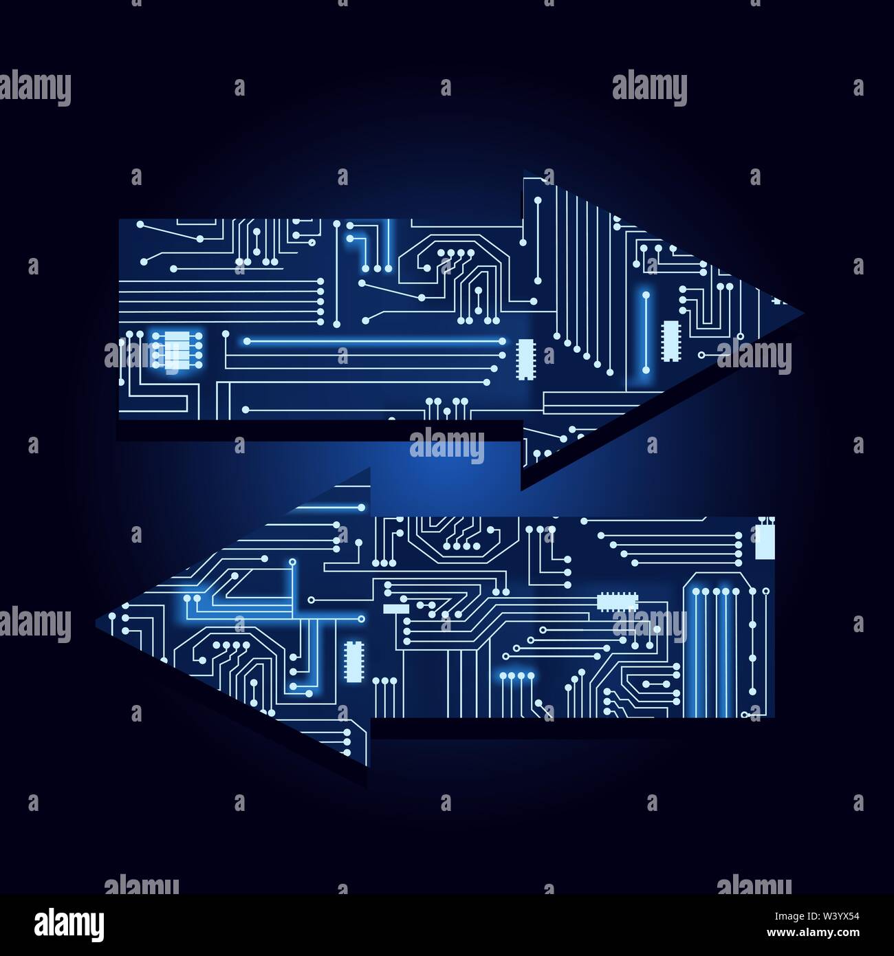 Two arrows pointing to opposite sides filled with electronic circuit ...