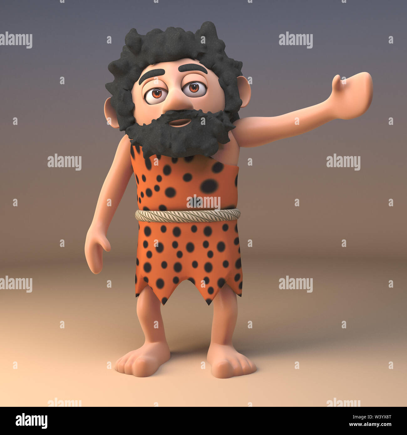 Funny caveman with a long beard and wearing an animal pelt gestures to ...